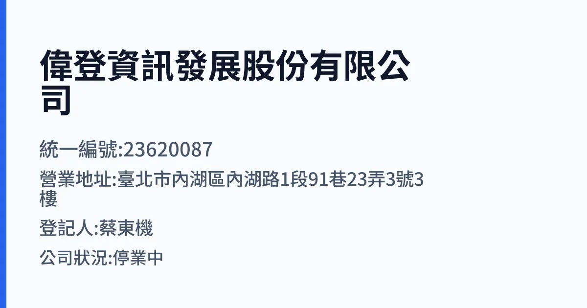 偉登資訊發展股份有限公司 - 統編 23620087(臺北市) 公司登記資料與營業項目詳細圖表