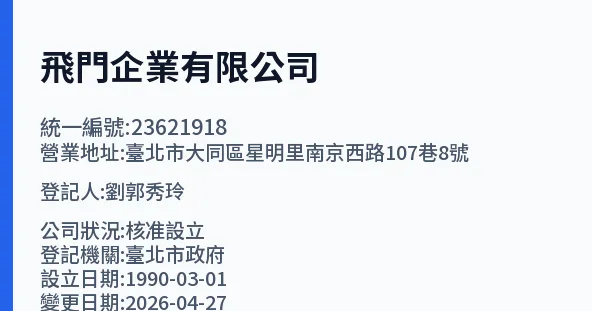 飛門企業有限公司的照片-統編 23621918(臺北市) 公司登記資料與營業項目詳細圖表