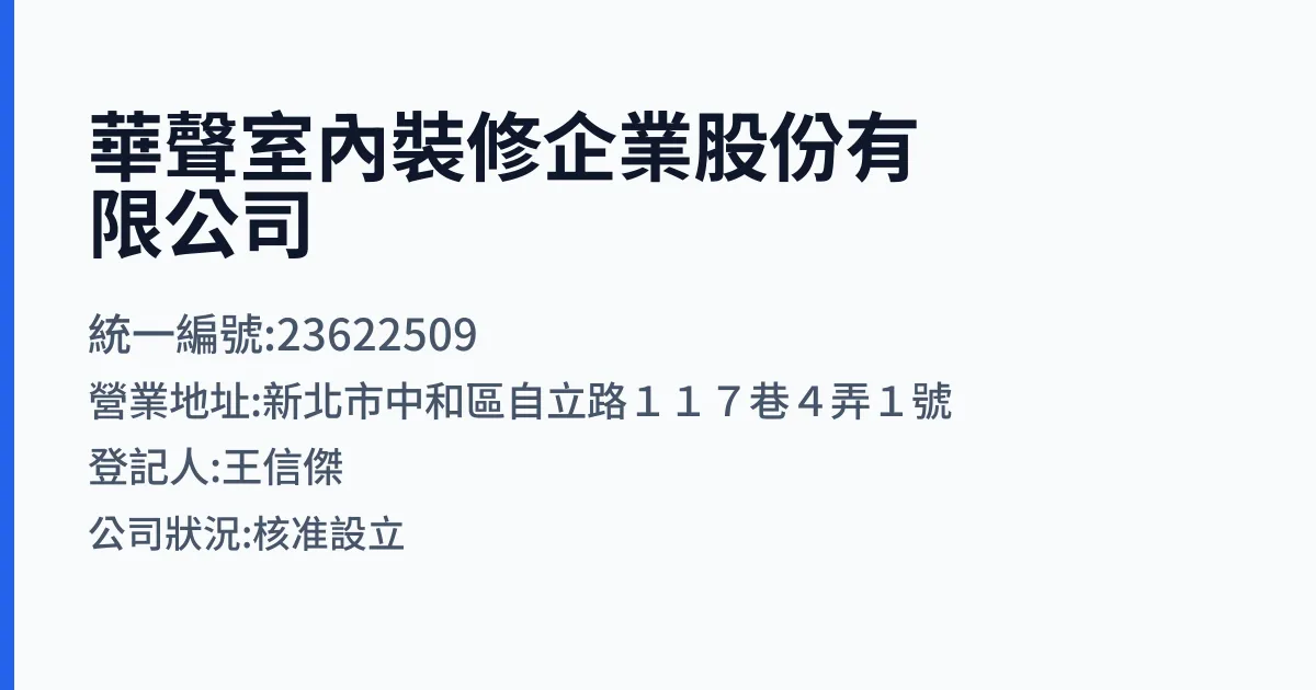 華聲室內裝修企業股份有限公司 - 統編 23622509(新北市) 公司登記資料與營業項目詳細圖表