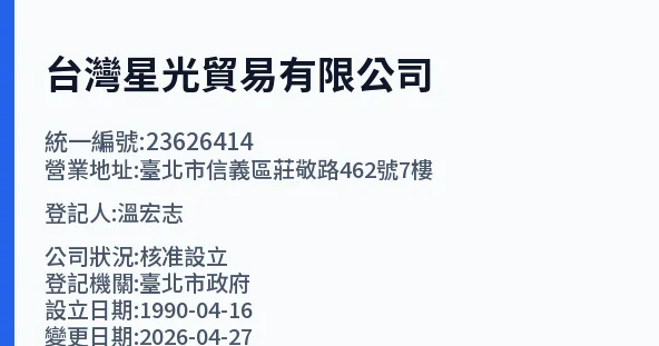 台灣星光貿易有限公司的照片-統編 23626414(臺北市) 公司登記資料與營業項目詳細圖表