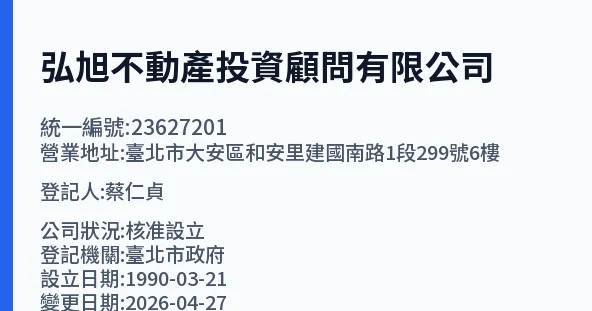 弘旭不動產投資顧問有限公司的照片-統編 23627201(臺北市) 公司登記資料與營業項目詳細圖表
