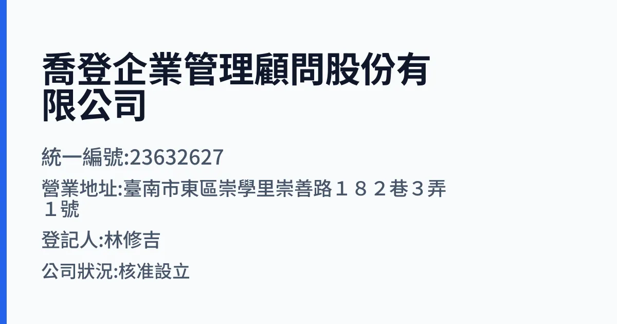 喬登企業管理顧問股份有限公司 - 統編 23632627(新北市) 公司登記資料與營業項目詳細圖表