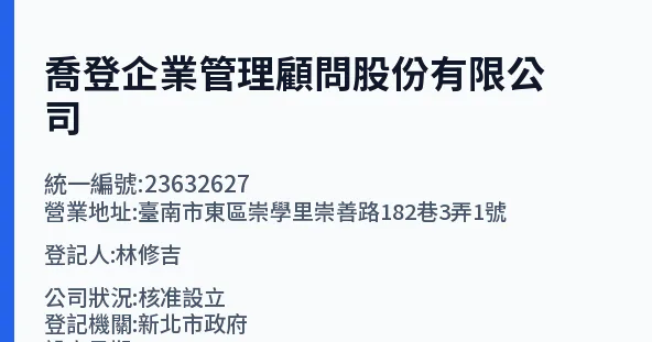 喬登企業管理顧問股份有限公司的照片-統編 23632627(臺南市) 公司登記資料與營業項目詳細圖表