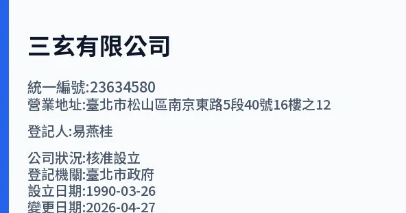 三玄有限公司的照片-統編 23634580(臺北市) 公司登記資料與營業項目詳細圖表