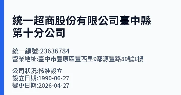 統一超商股份有限公司臺中縣第十分公司的照片-統編 23636784(臺中市) 公司登記資料與營業項目詳細圖表