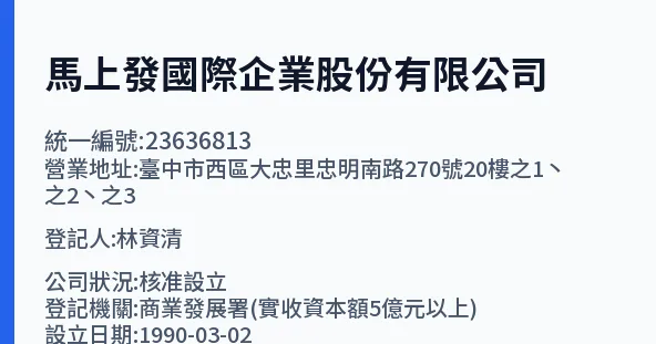 馬上發國際企業股份有限公司的照片-統編 23636813(臺中市) 公司登記資料與營業項目詳細圖表