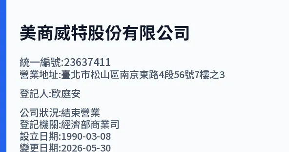 美商威特股份有限公司的照片-統編 23637411(臺北市) 公司登記資料與營業項目詳細圖表