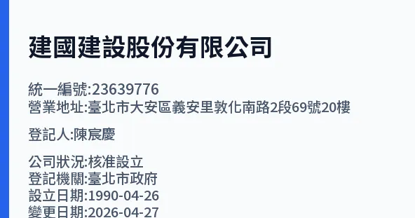 建國建設股份有限公司的照片-統編 23639776(臺北市) 公司登記資料與營業項目詳細圖表