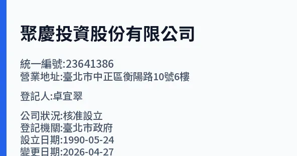 聚慶投資股份有限公司的照片-統編 23641386(臺北市) 公司登記資料與營業項目詳細圖表