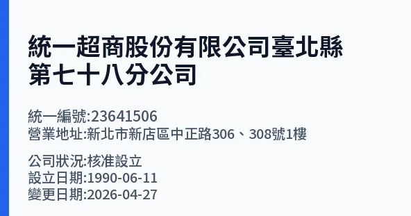 統一超商股份有限公司臺北縣第七十八分公司的照片-統編 23641506(新北市) 公司登記資料與營業項目詳細圖表