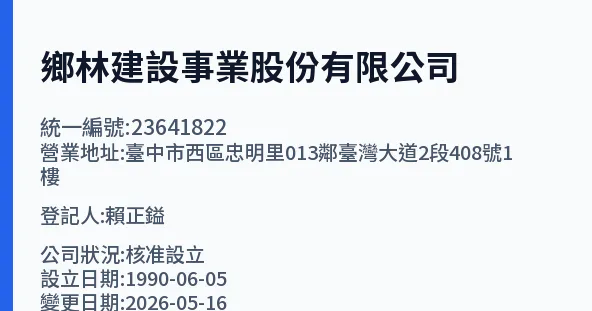 鄉林建設事業股份有限公司的照片-統編 23641822(臺中市) 公司登記資料與營業項目詳細圖表