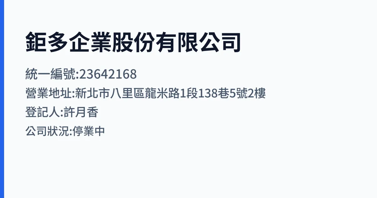 鉅多企業股份有限公司 - 統編 23642168(新北市) 公司登記資料與營業項目詳細圖表