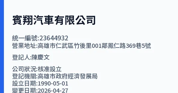 賓翔汽車有限公司的照片-統編 23644932(高雄市) 公司登記資料與營業項目詳細圖表