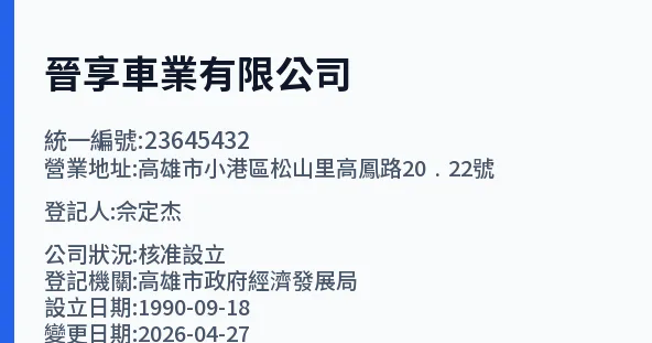 晉享車業有限公司的照片-統編 23645432(高雄市) 公司登記資料與營業項目詳細圖表