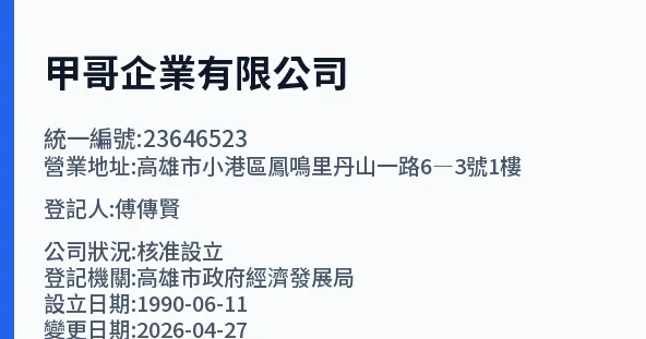 甲哥企業有限公司的照片-統編 23646523(高雄市) 公司登記資料與營業項目詳細圖表