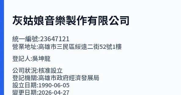 灰姑娘音樂製作有限公司的照片-統編 23647121(高雄市) 公司登記資料與營業項目詳細圖表