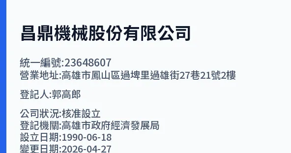 昌鼎機械股份有限公司的照片-統編 23648607(高雄市) 公司登記資料與營業項目詳細圖表