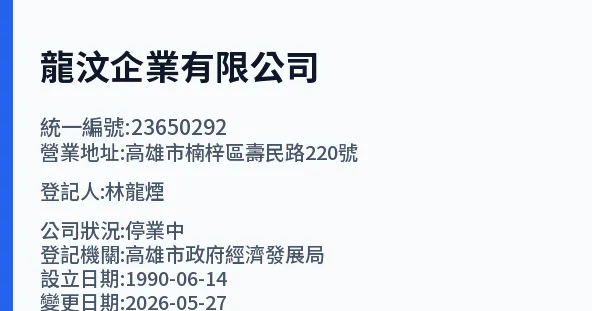 龍汶企業有限公司的照片-統編 23650292(高雄市) 公司登記資料與營業項目詳細圖表