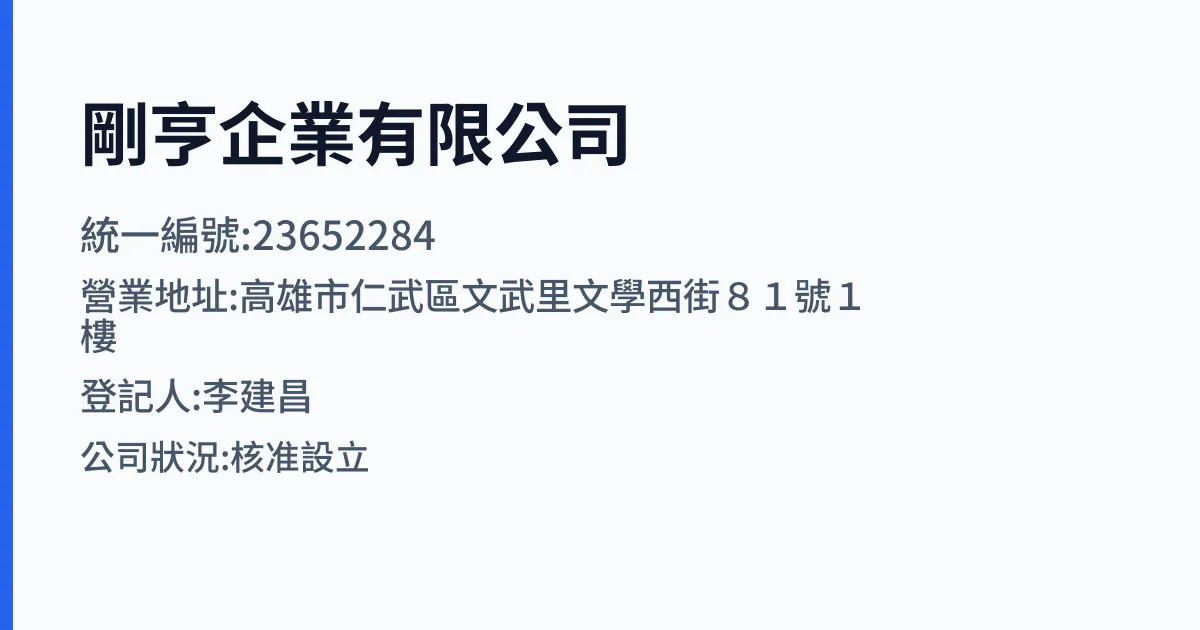 剛亨企業有限公司 - 統編 23652284(高雄市) 公司登記資料與營業項目詳細圖表