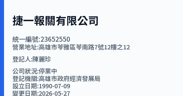 捷一報關有限公司的照片-統編 23652550(高雄市) 公司登記資料與營業項目詳細圖表
