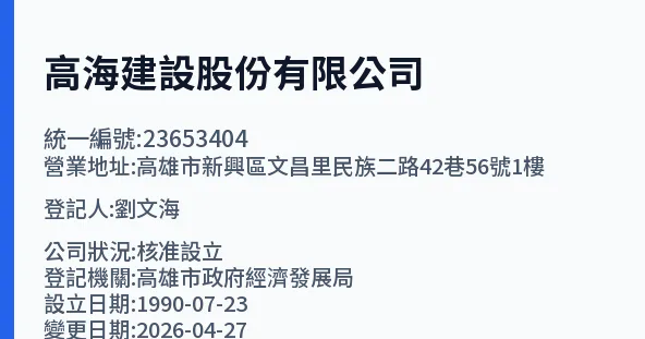 高海建設股份有限公司的照片-統編 23653404(高雄市) 公司登記資料與營業項目詳細圖表