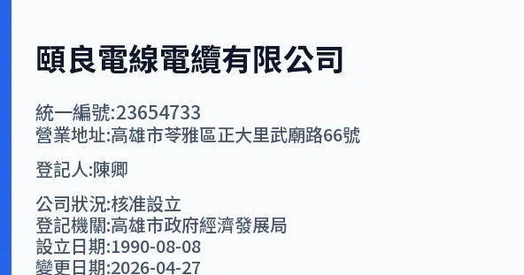 頤良電線電纜有限公司的照片-統編 23654733(高雄市) 公司登記資料與營業項目詳細圖表