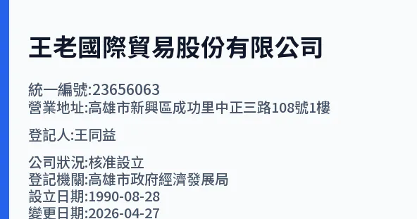 王老國際貿易股份有限公司的照片-統編 23656063(高雄市) 公司登記資料與營業項目詳細圖表
