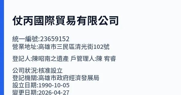 仗丙國際貿易有限公司的照片-統編 23659152(高雄市) 公司登記資料與營業項目詳細圖表