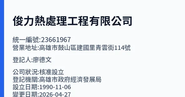 俊力熱處理工程有限公司的照片-統編 23661967(高雄市) 公司登記資料與營業項目詳細圖表