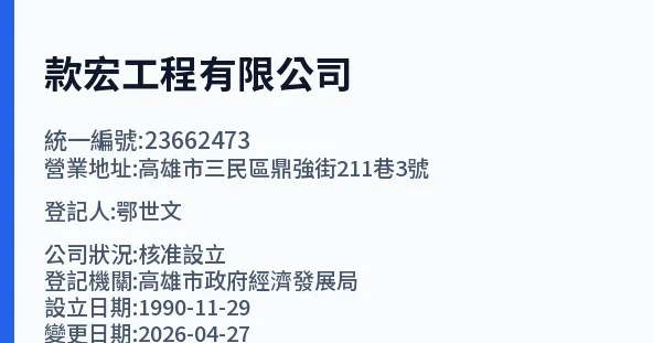 款宏工程有限公司的照片-統編 23662473(高雄市) 公司登記資料與營業項目詳細圖表