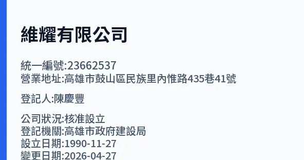 維耀有限公司的照片-統編 23662537(高雄市) 公司登記資料與營業項目詳細圖表