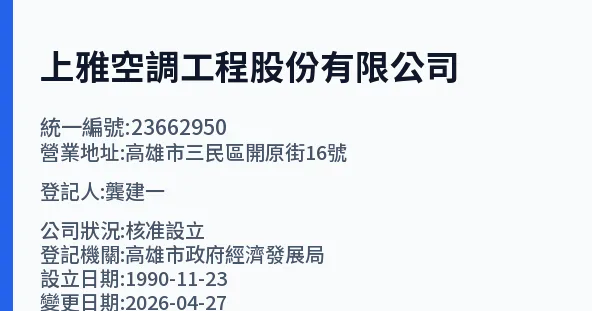 上雅空調工程股份有限公司的照片-統編 23662950(高雄市) 公司登記資料與營業項目詳細圖表