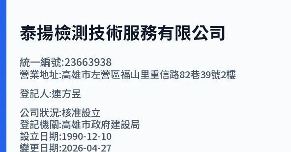 泰揚檢測技術服務有限公司的照片-統編 23663938(高雄市) 公司登記資料與營業項目詳細圖表