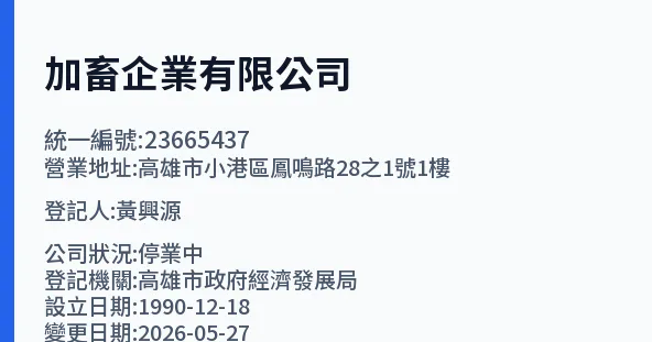 加畜企業有限公司的照片-統編 23665437(高雄市) 公司登記資料與營業項目詳細圖表