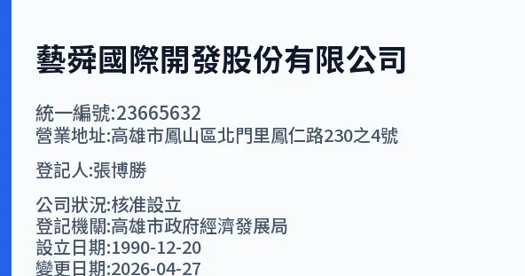 藝舜國際開發股份有限公司的照片-統編 23665632(高雄市) 公司登記資料與營業項目詳細圖表