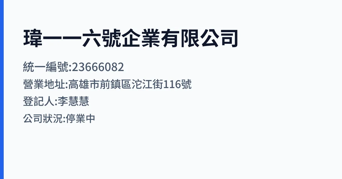 瑋一一六號企業有限公司 - 統編 23666082(高雄市) 公司登記資料與營業項目詳細圖表
