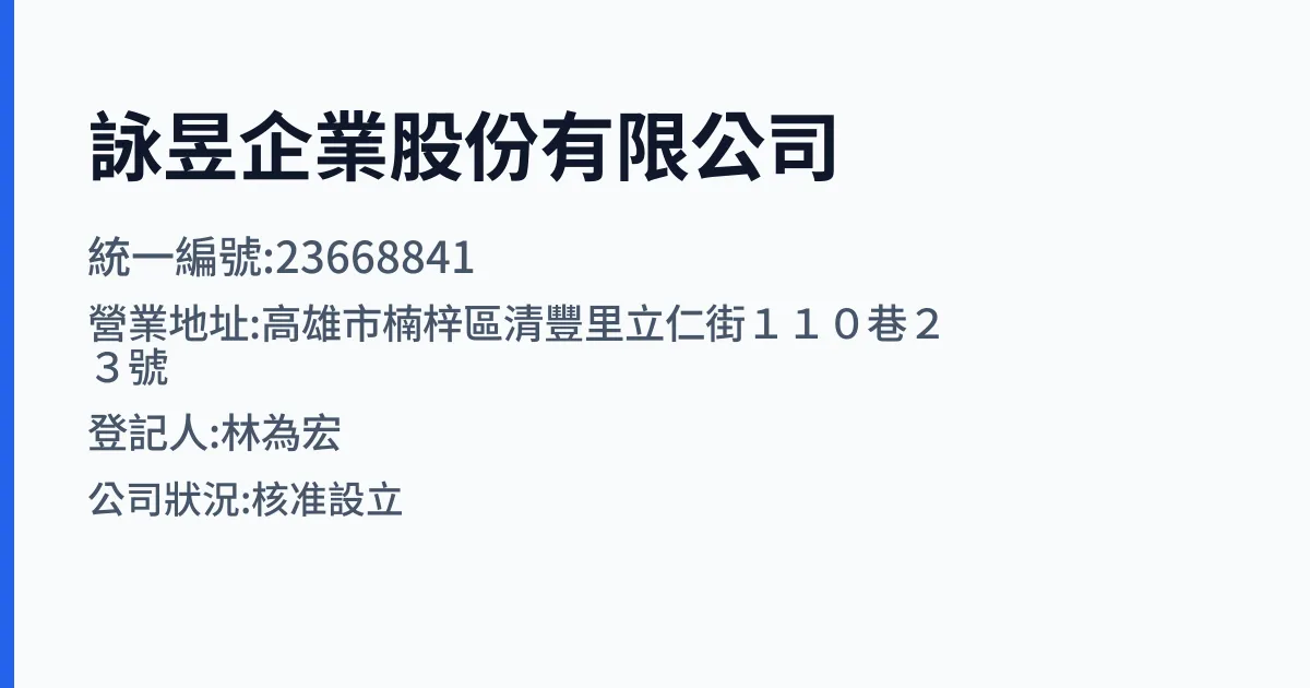 詠昱企業股份有限公司 - 統編 23668841(高雄市) 公司登記資料與營業項目詳細圖表