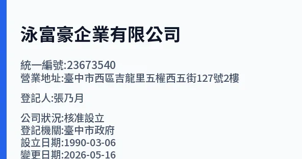 泳富豪企業有限公司的照片-統編 23673540(臺中市) 公司登記資料與營業項目詳細圖表