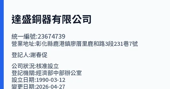 達盛銅器有限公司的照片-統編 23674739(彰化縣) 公司登記資料與營業項目詳細圖表