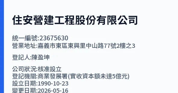 住安營建工程股份有限公司的照片-統編 23675630(嘉義市) 公司登記資料與營業項目詳細圖表