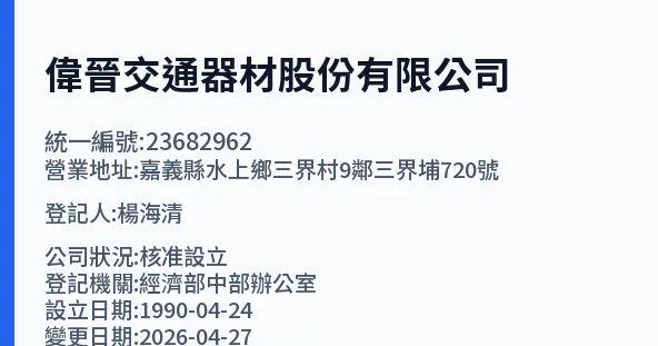 偉晉交通器材股份有限公司的照片-統編 23682962(嘉義縣) 公司登記資料與營業項目詳細圖表