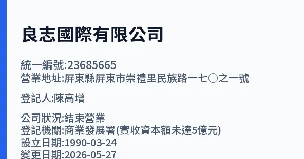 良志國際有限公司的照片-統編 23685665(屏東縣) 公司登記資料與營業項目詳細圖表