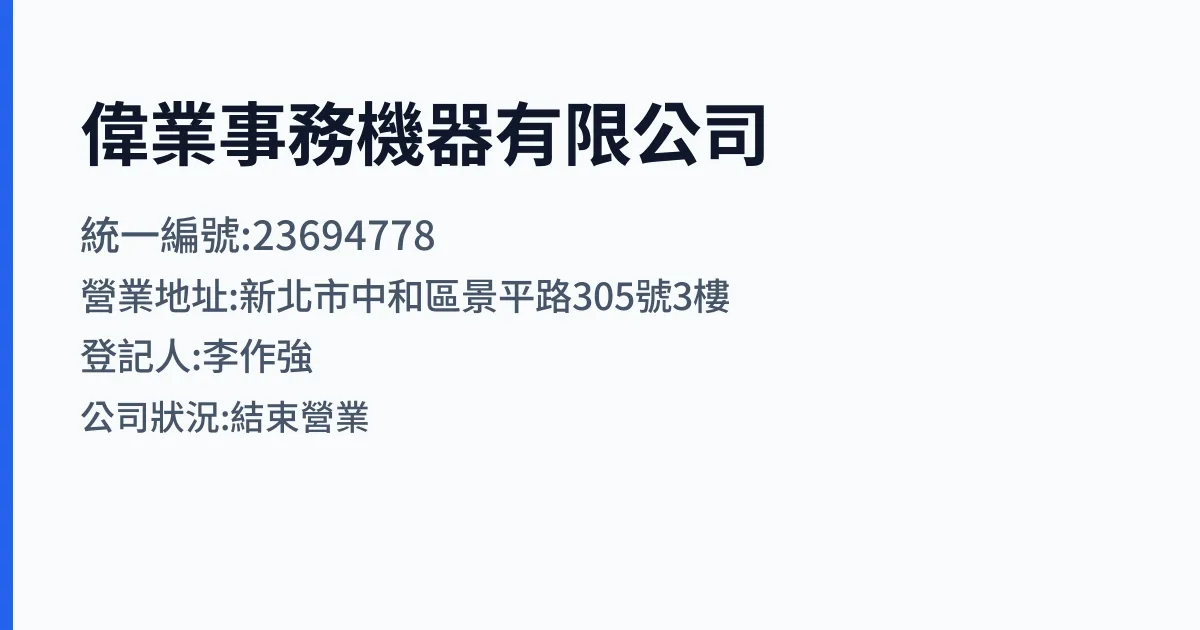 偉業事務機器有限公司 - 統編 23694778(新北市) 公司登記資料與營業項目詳細圖表
