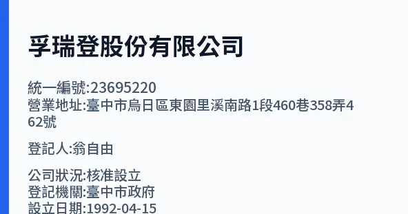孚瑞登股份有限公司的照片-統編 23695220(臺中市) 公司登記資料與營業項目詳細圖表