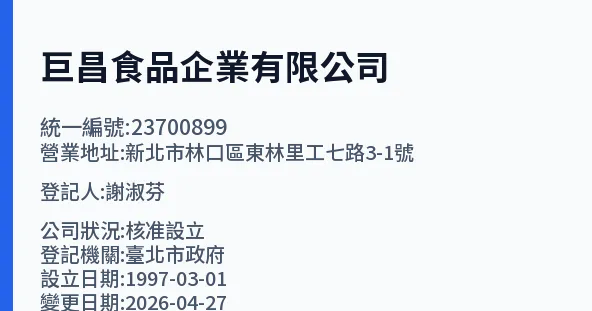 巨昌食品企業有限公司的照片-統編 23700899(新北市) 公司登記資料與營業項目詳細圖表