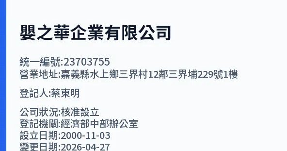嬰之華企業有限公司的照片-統編 23703755(嘉義縣) 公司登記資料與營業項目詳細圖表