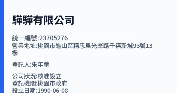 驊驊有限公司的照片-統編 23705276(桃園市) 公司登記資料與營業項目詳細圖表
