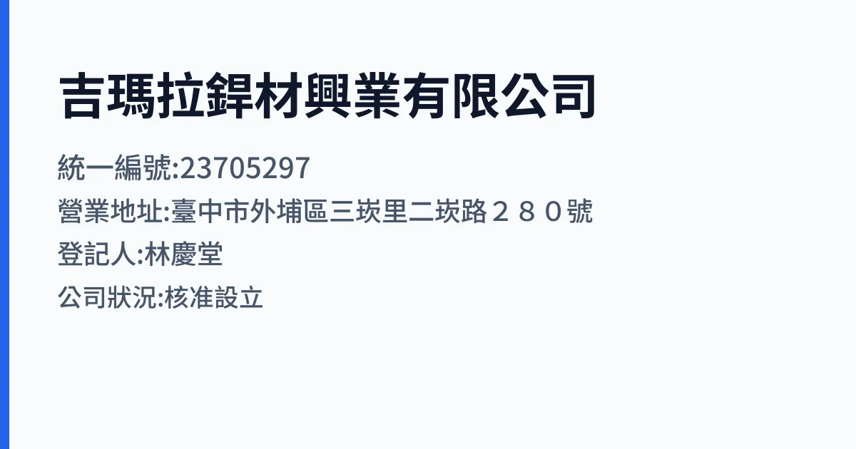 吉瑪拉銲材興業有限公司 - 統編 23705297(臺中市) 公司登記資料與營業項目詳細圖表