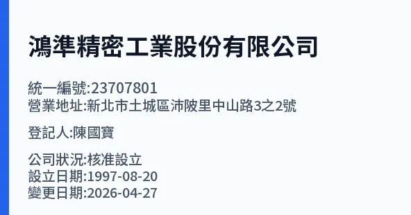 鴻準精密工業股份有限公司的照片-統編 23707801(新北市) 公司登記資料與營業項目詳細圖表
