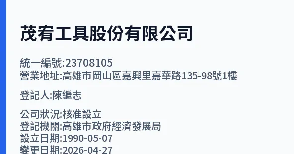 茂宥工具股份有限公司的照片-統編 23708105(高雄市) 公司登記資料與營業項目詳細圖表